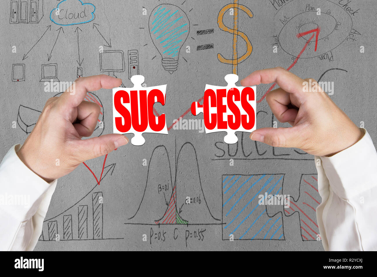 Assembling two puzzles for success with doodles background Stock Photo ...