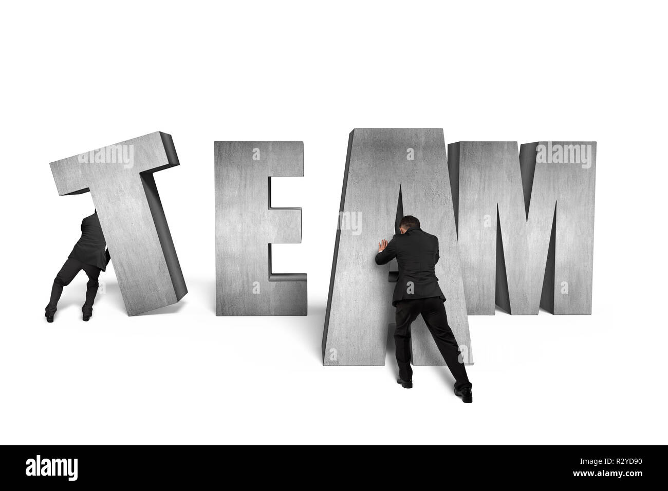 Two men moving TEAM concrete word together in white background Stock ...