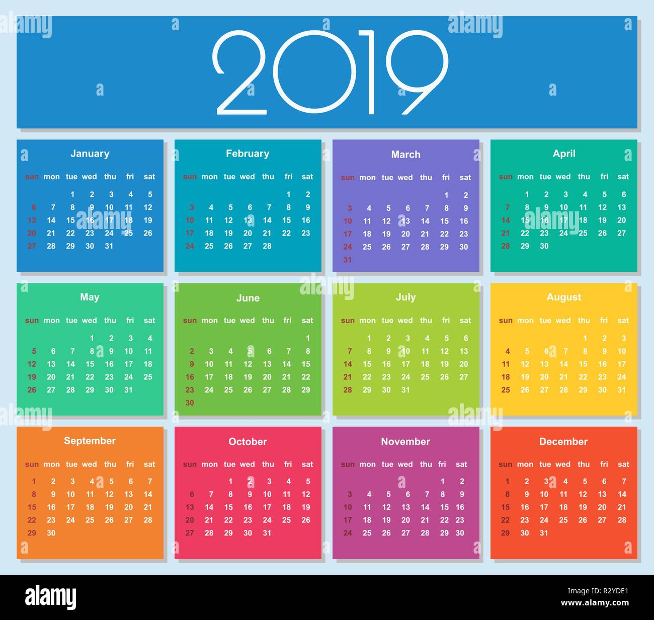 Colorful year 2019 calendar. Simple Vector Template. Isolated ...