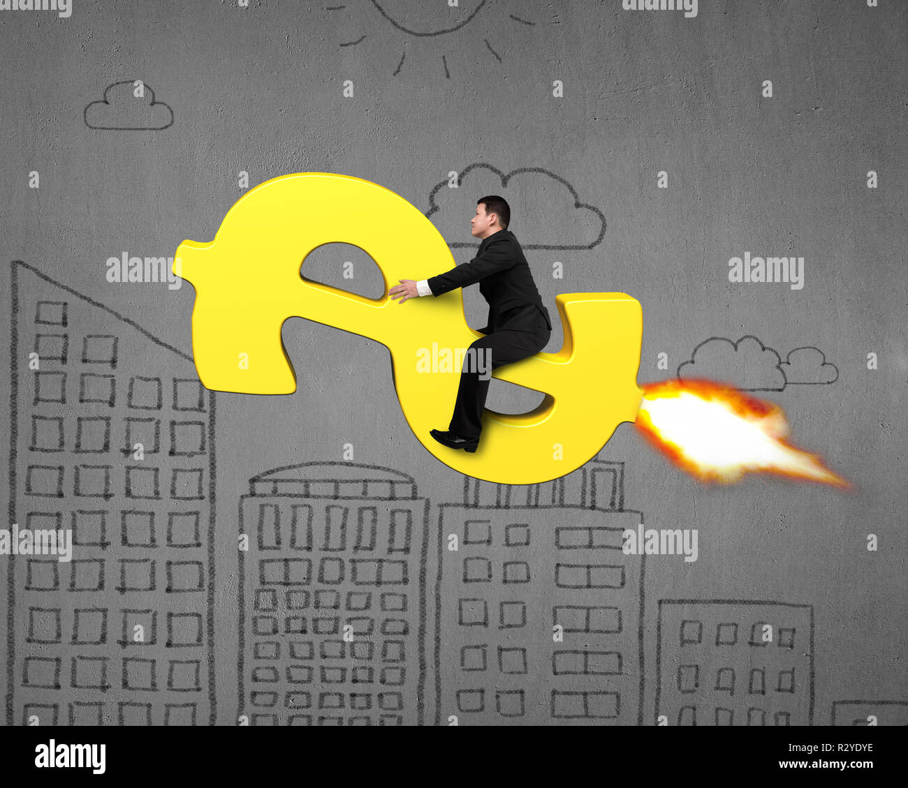 Sitting on money shape rocket with building doodles Stock Photo - Alamy