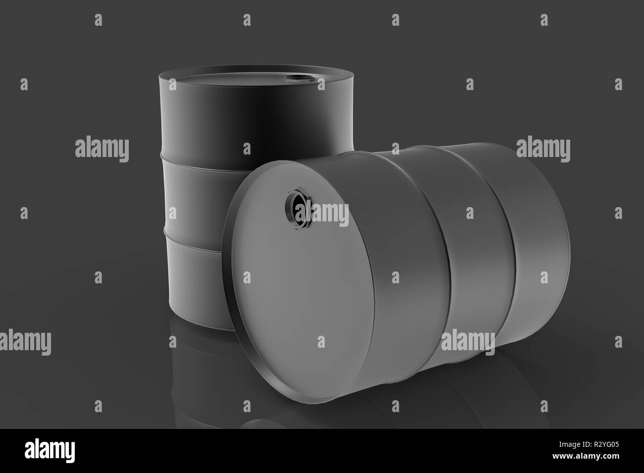 Two Black Metal Industrial Oil Barrels 3D rendering isolated on black ...