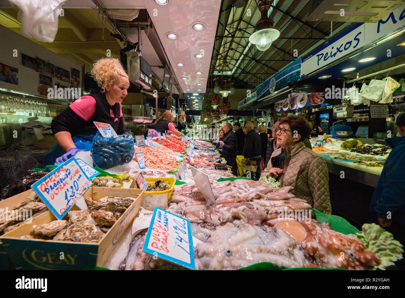 Fish stall in market Mallorca people shopping Palma de Mallorca, Santa ...