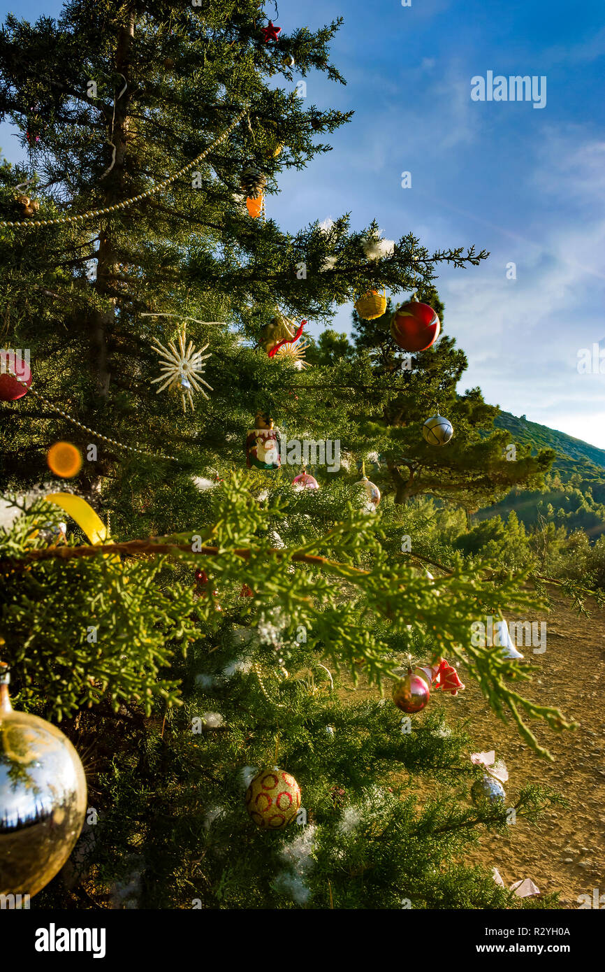Decorated Christmas tree in the forest at nature background Stock Photo ...