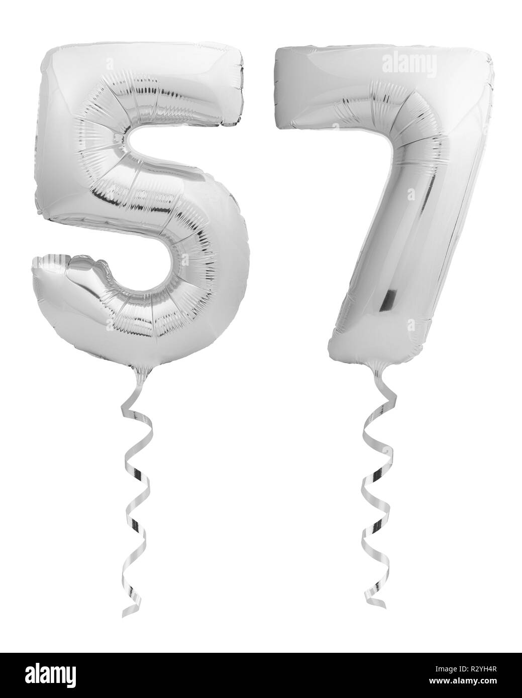 Silver chrome fifty seven 57 made of inflatable balloon with ribbon on ...