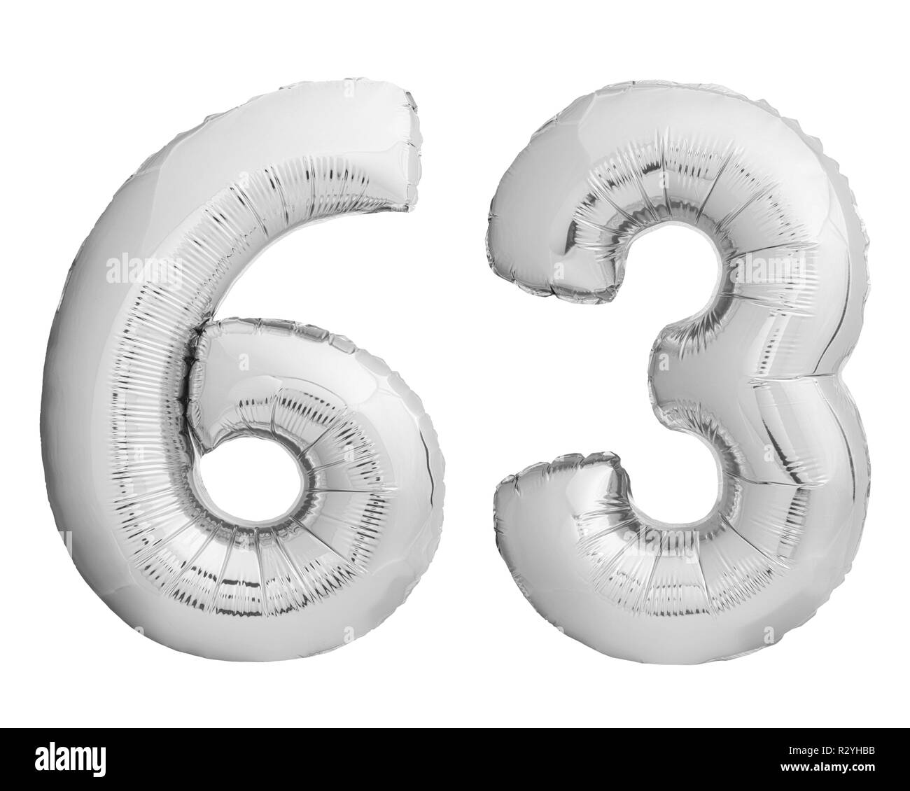 Silver chrome number 63 sixty three made of inflatable balloon on white ...