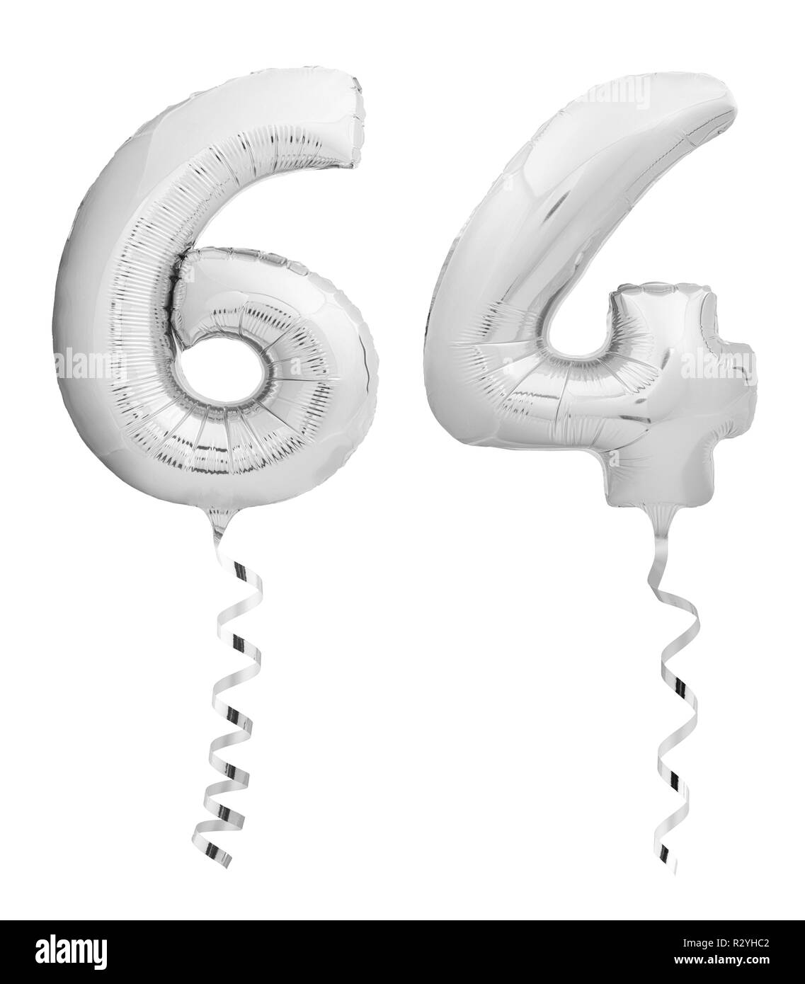 Silver chrome sixty four 64 made of inflatable balloon with ribbon on ...