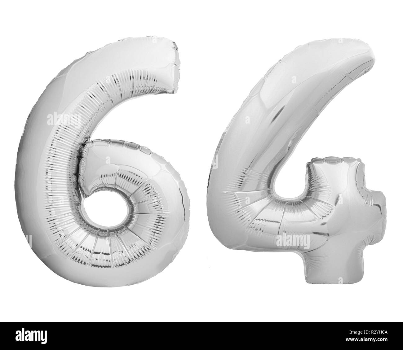 Silver chrome number 64 sixty four made of inflatable balloon on white ...