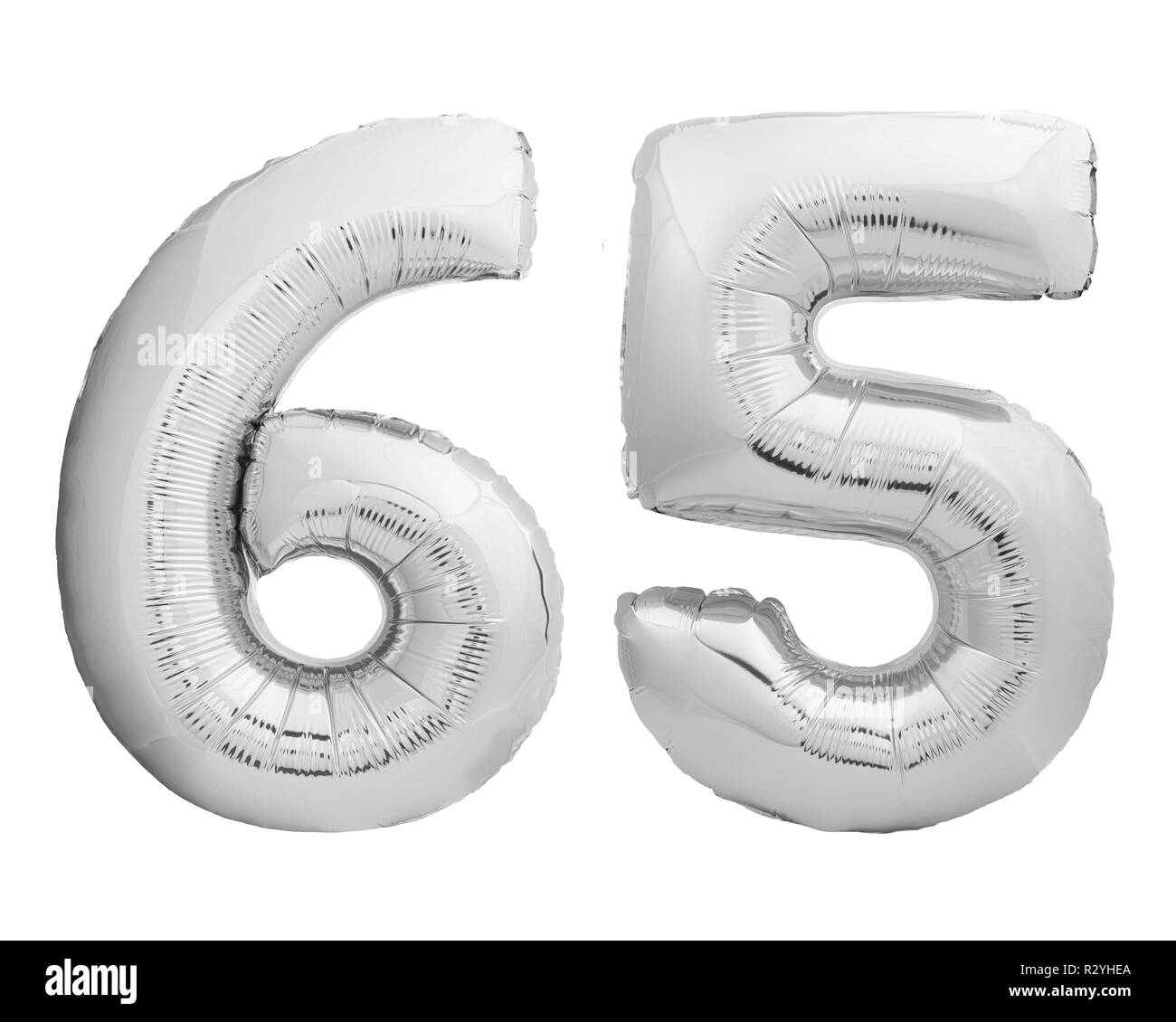Silver chrome number 65 sixty five made of inflatable balloon on white ...