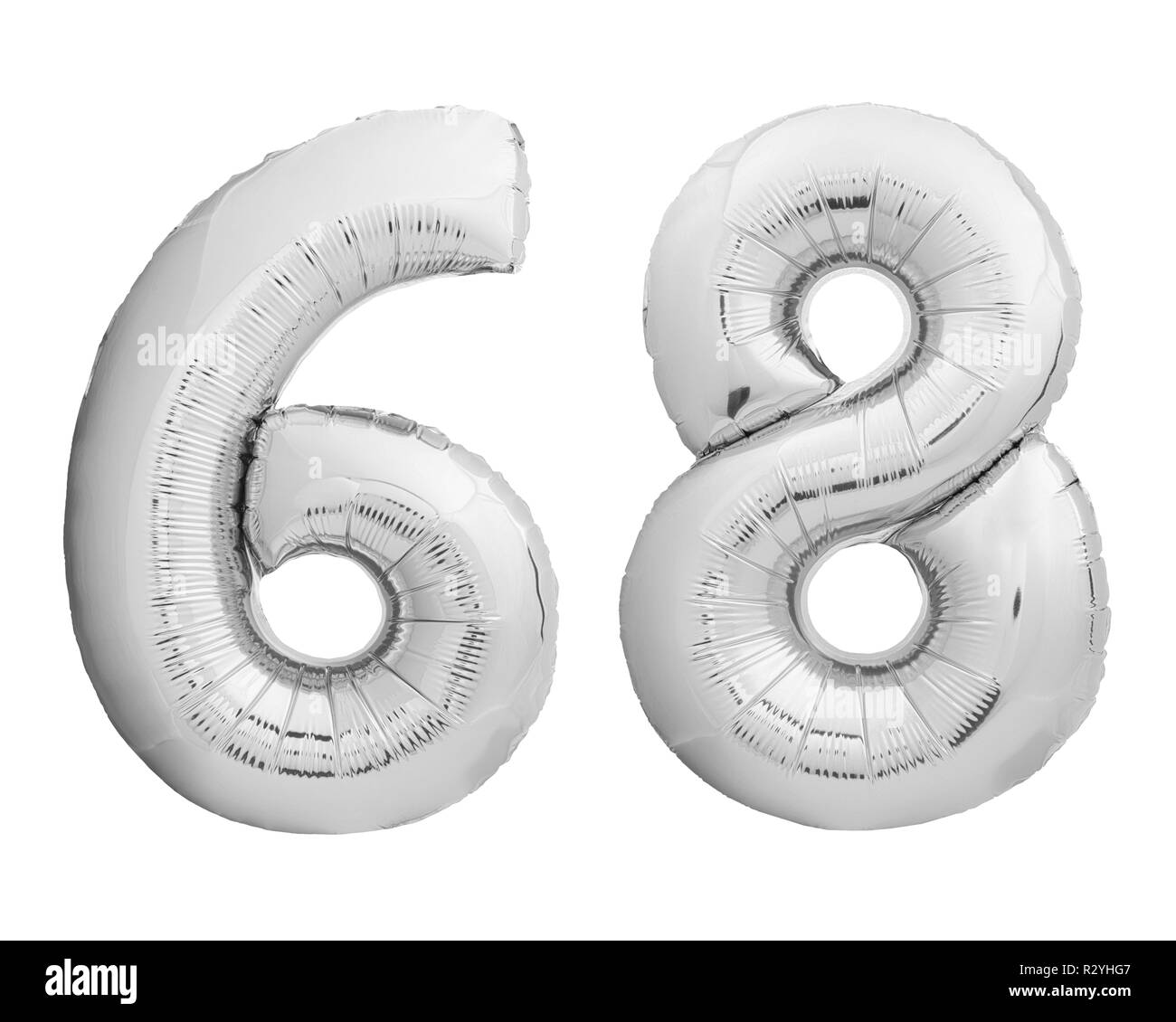 Silver chrome number 68 sixty eight made of inflatable balloon on white ...