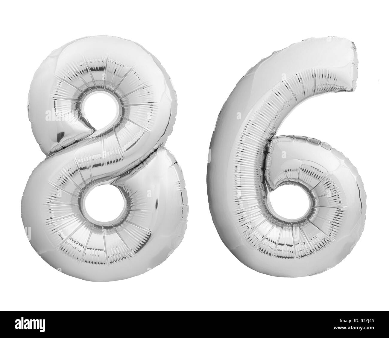 Silver chrome number 86 eighty six made of inflatable balloon on white ...