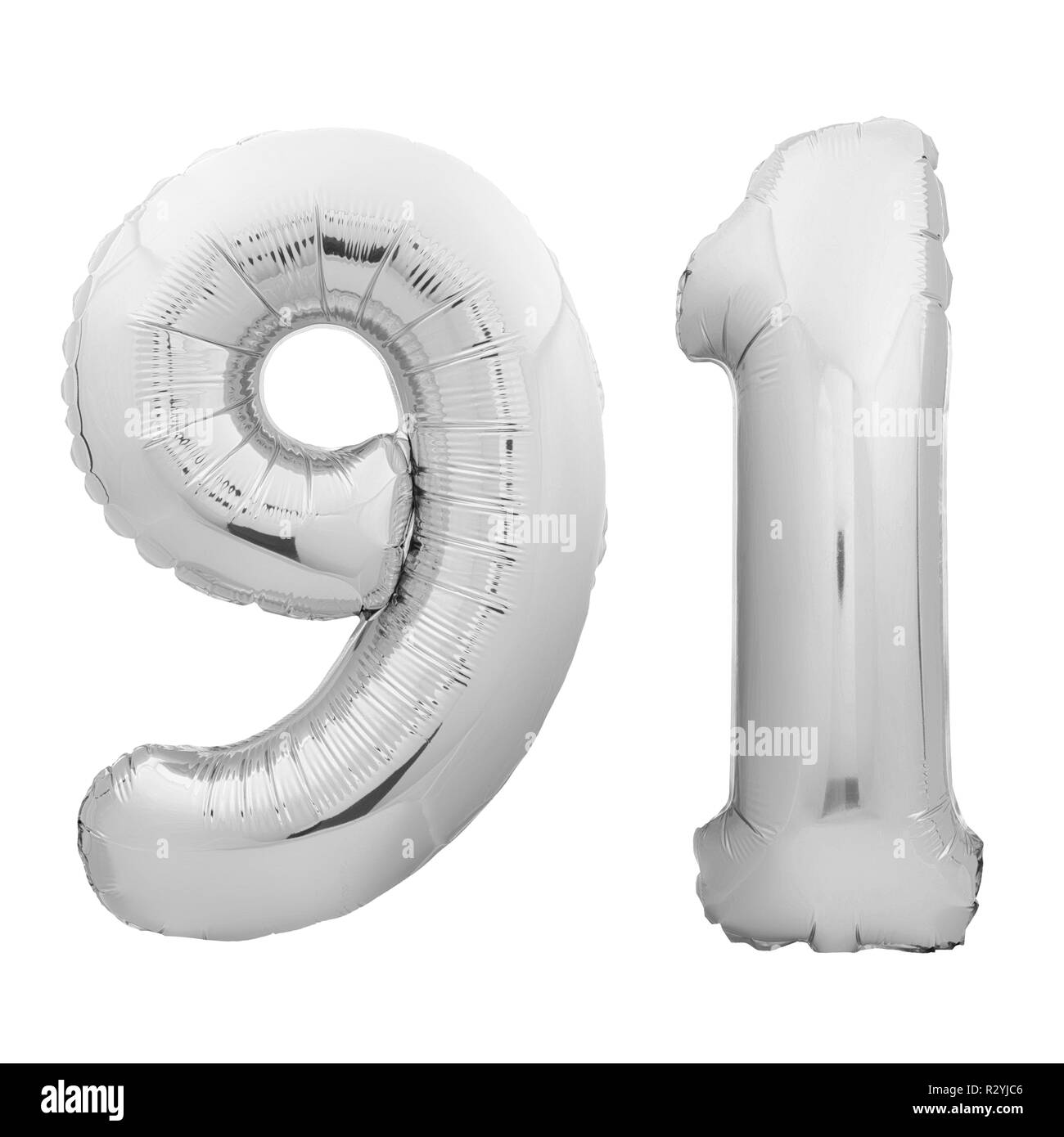 Silver chrome number number 91 ninety one made of inflatable balloon on ...