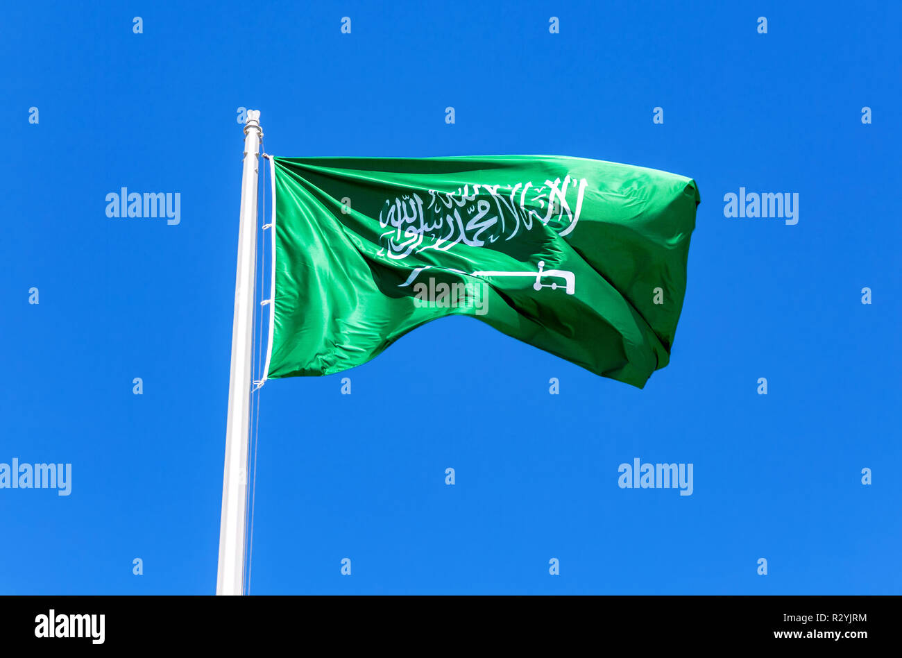 National flag of Saudi Arabia waving in the wind against the blue sky ...