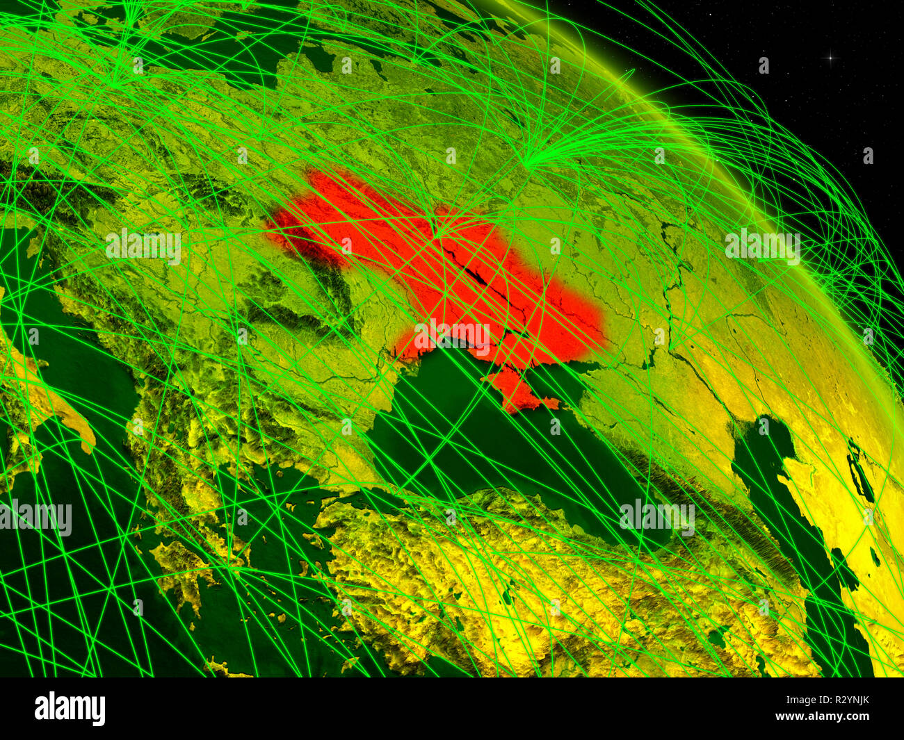 Ukraine from space on model of digital planet Earth with network ...