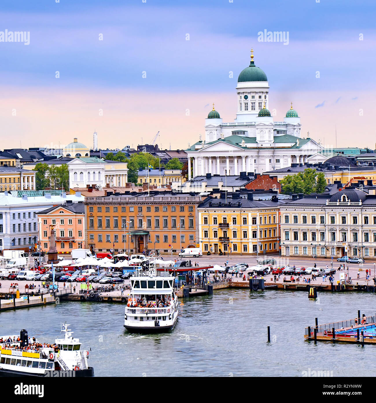 Helsinki cityscape with Helsinki Cathedral and Market Square, Finland ...