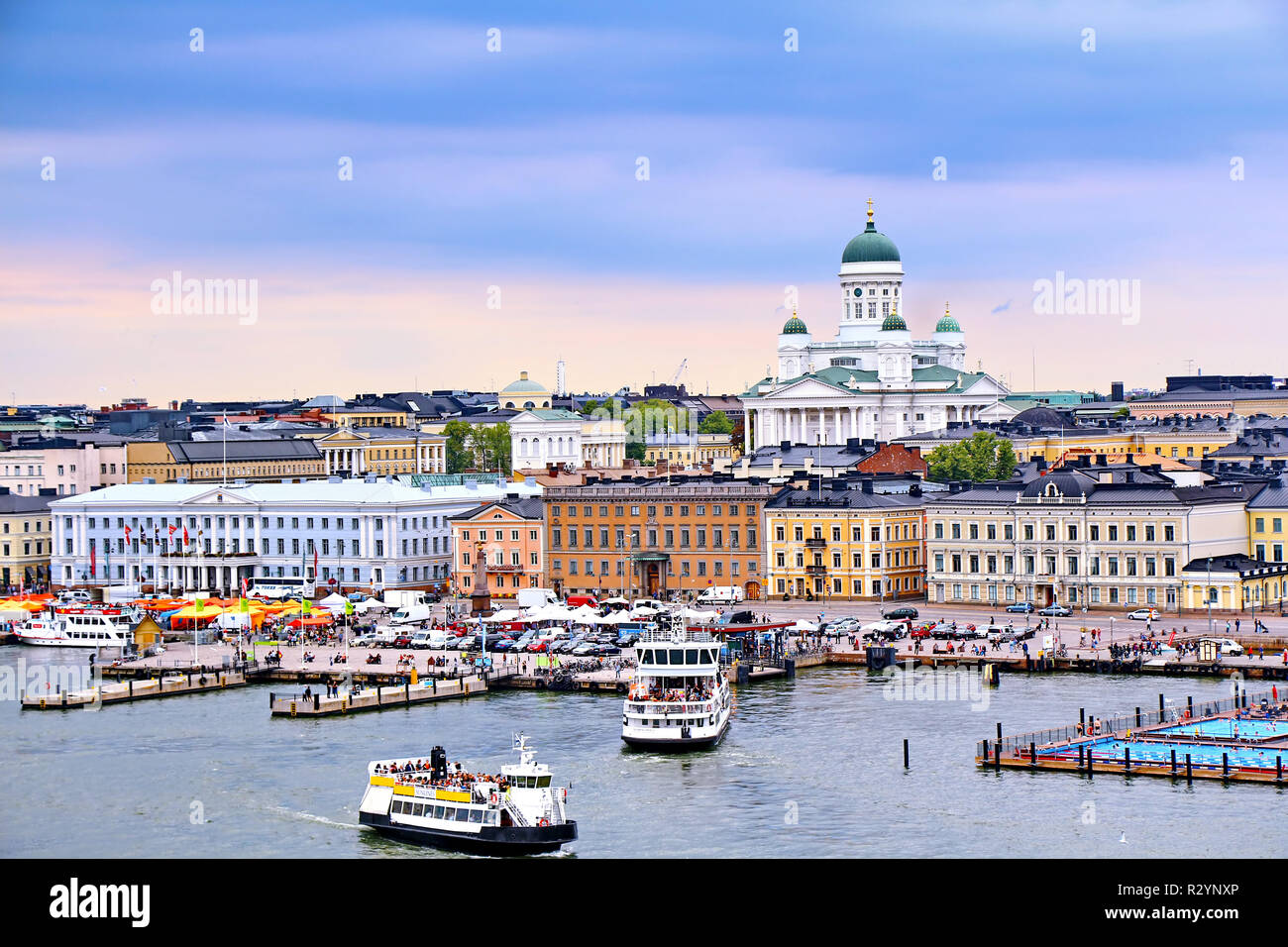Helsinki cityscape with Helsinki Cathedral and Market Square, Finland ...