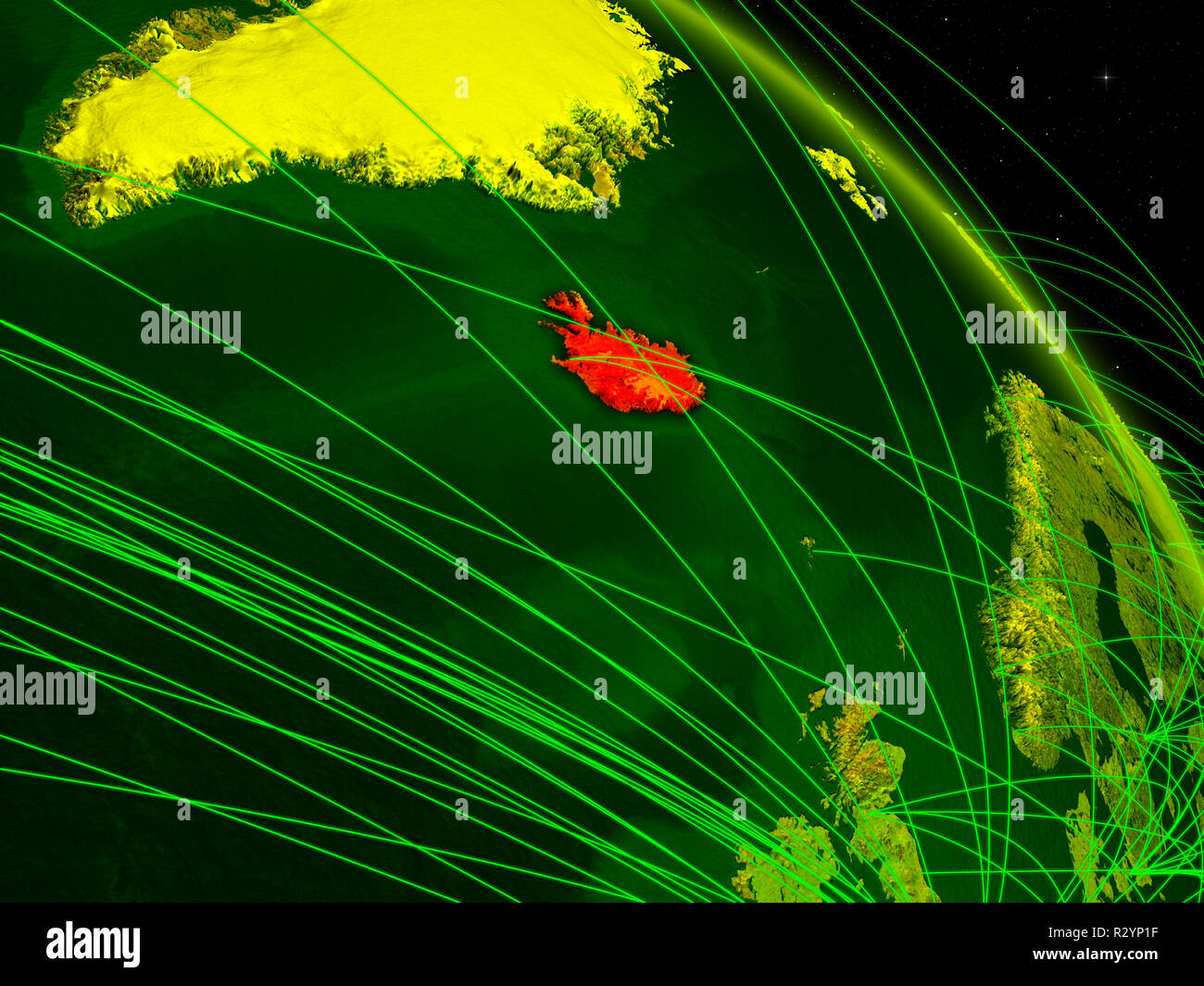 Iceland from space on model of digital planet Earth with network ...