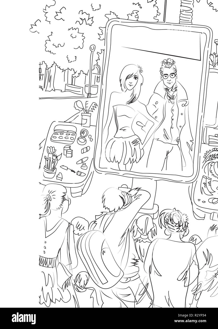 large advertising board and a lot of people + pencil drawing Stock ...