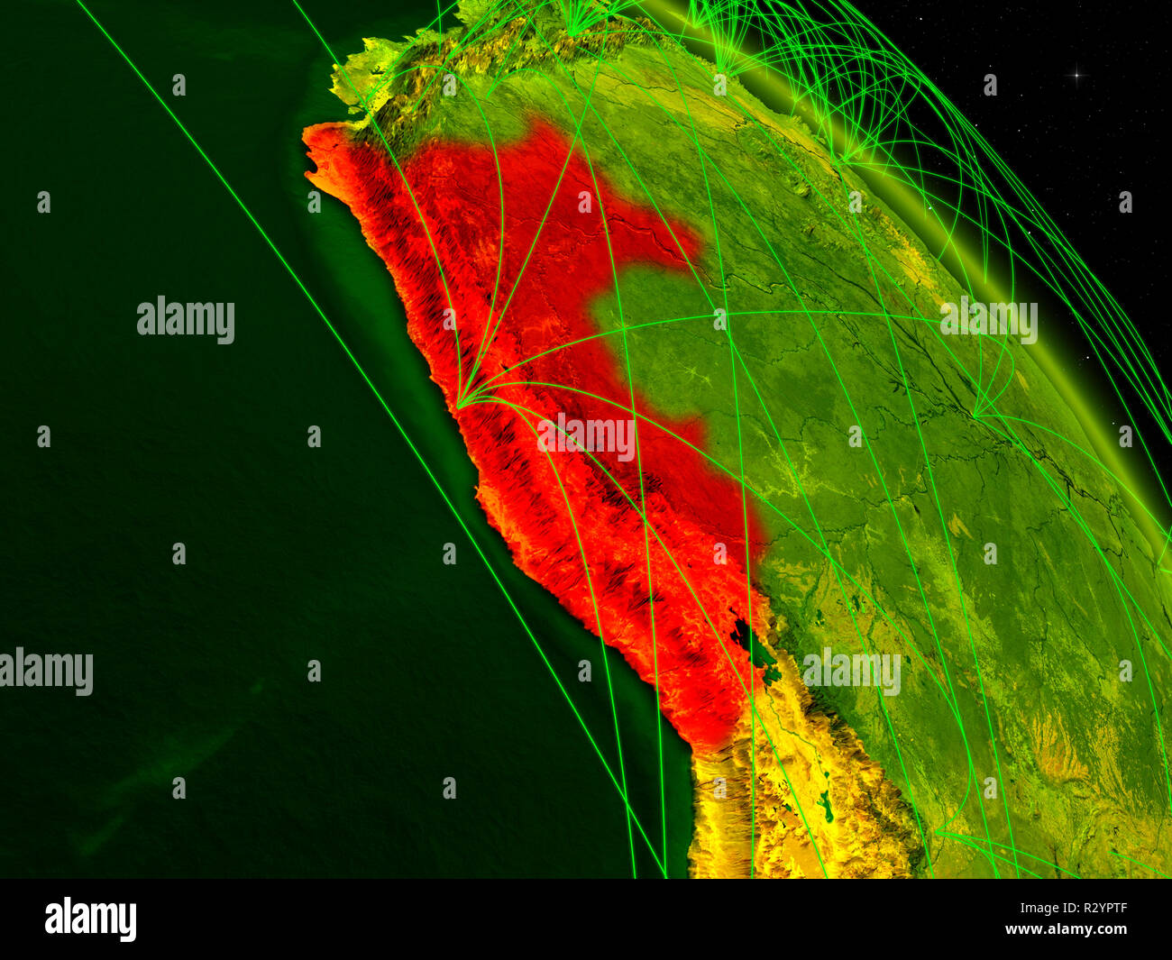Peru from space on model of digital planet Earth with network. Concept ...