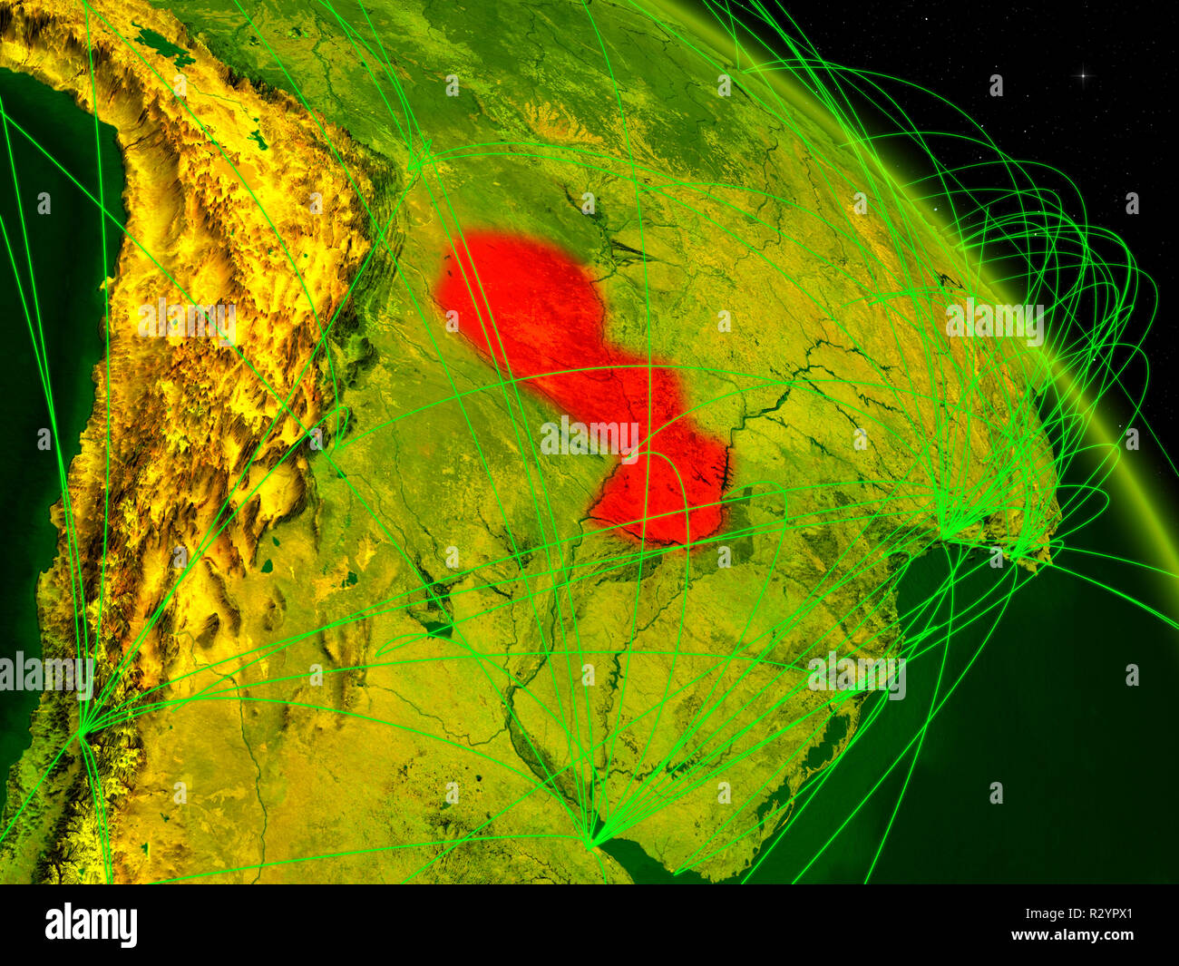Paraguay from space on model of digital planet Earth with network ...