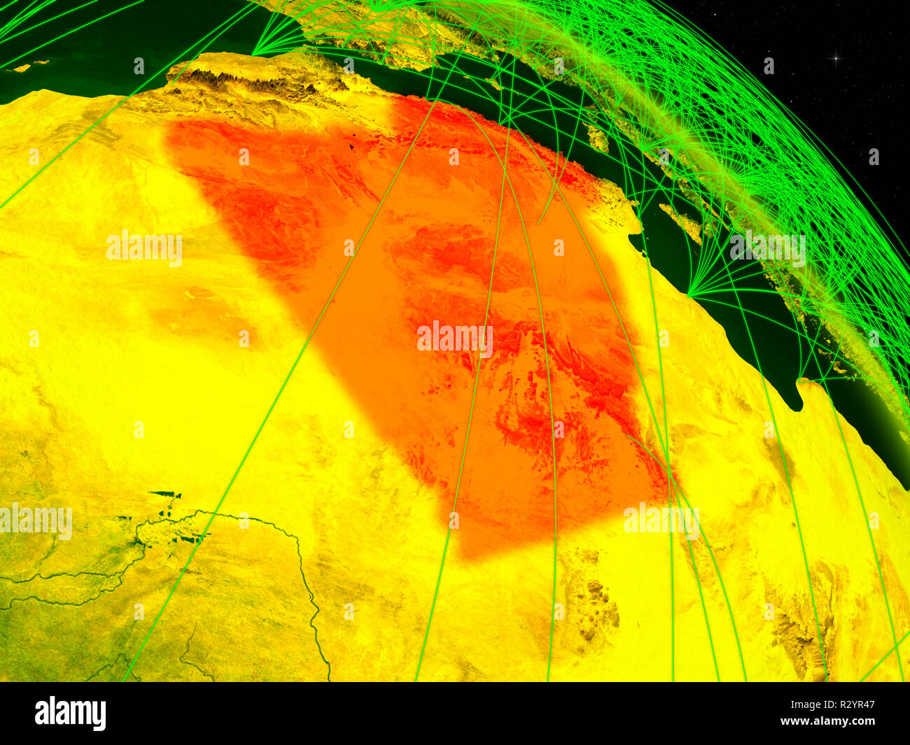 Algeria from space on model of digital planet Earth with network. Concept of digital technology ...