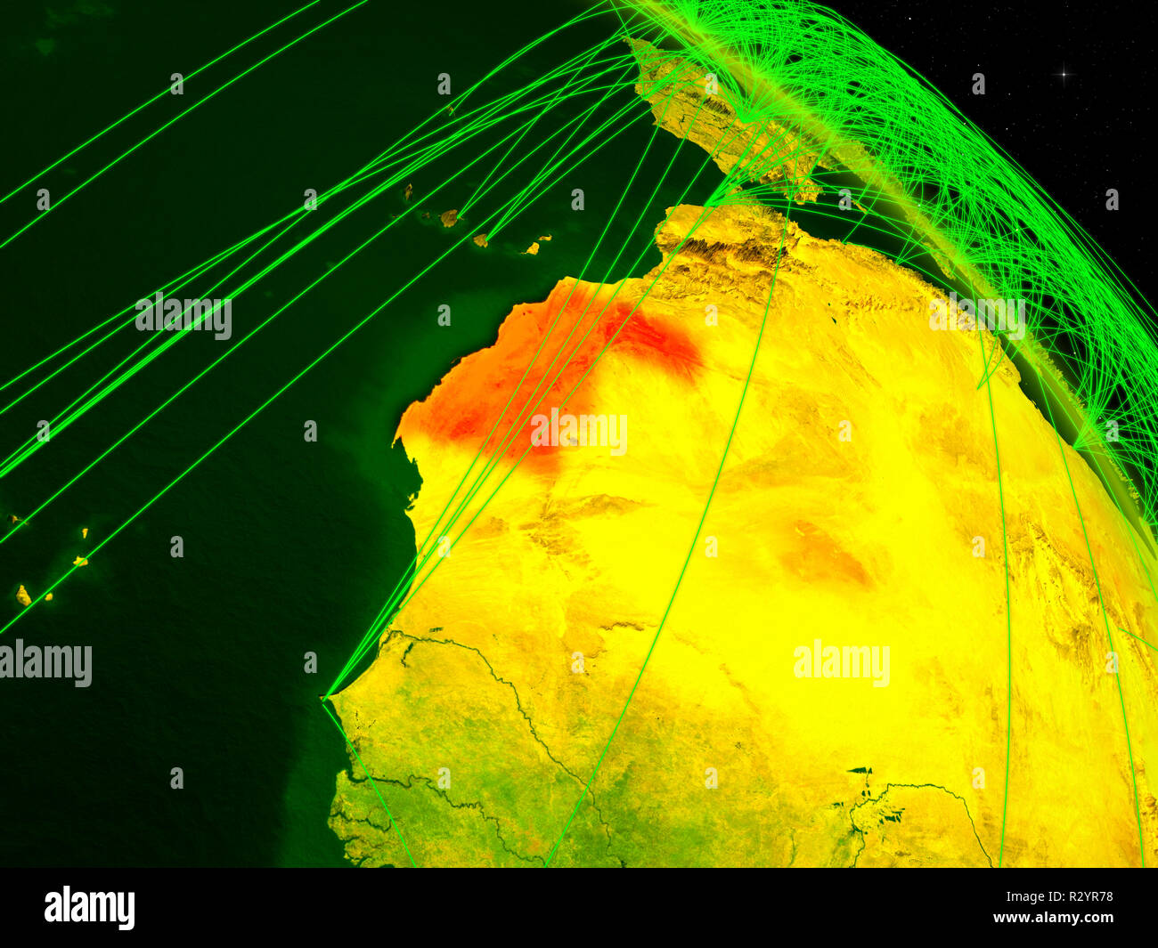 Western Sahara from space on model of digital planet Earth with network ...
