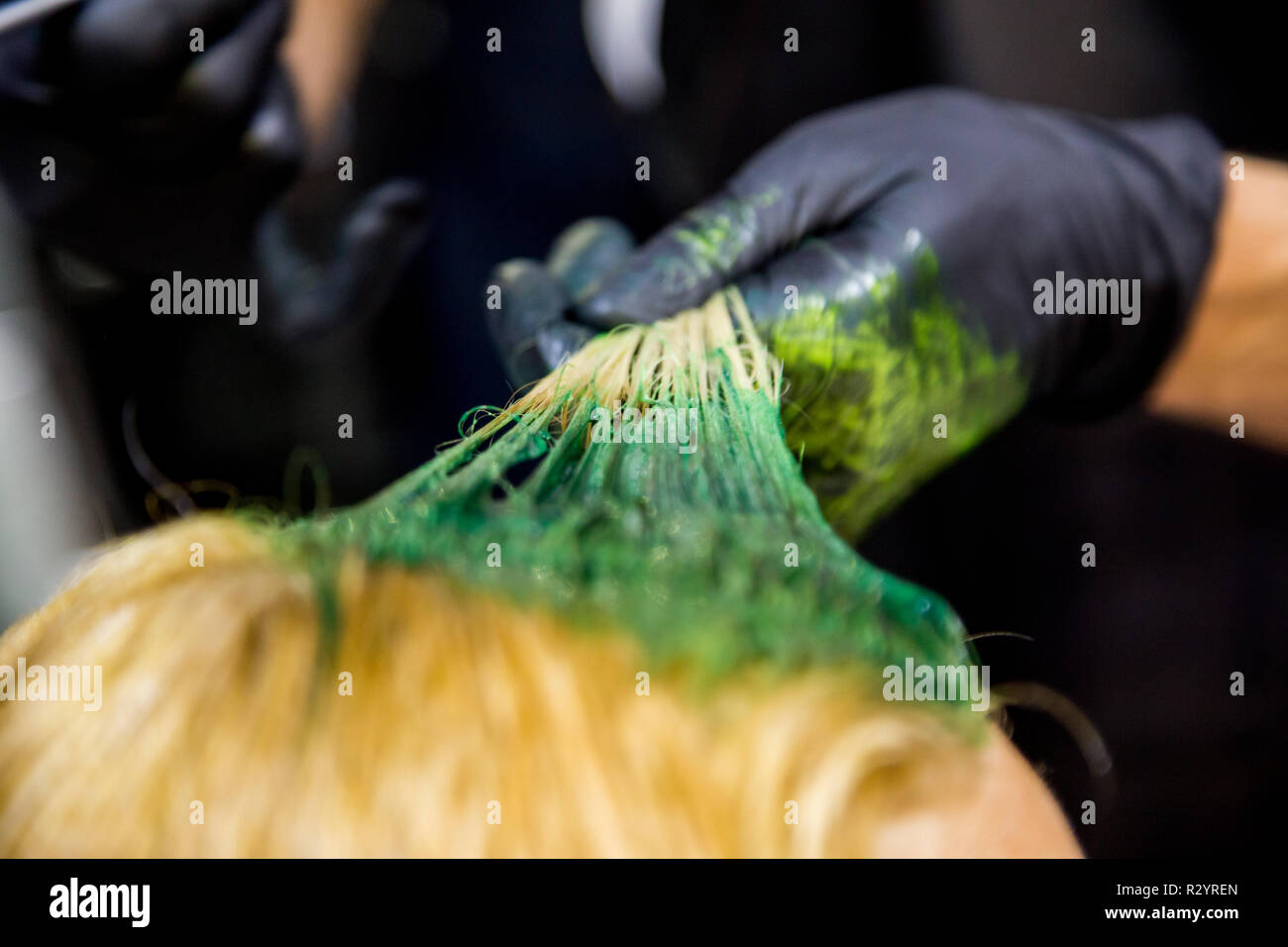 Professional hairdresser dyeing hair. Multicolor Fluorescent staining ...