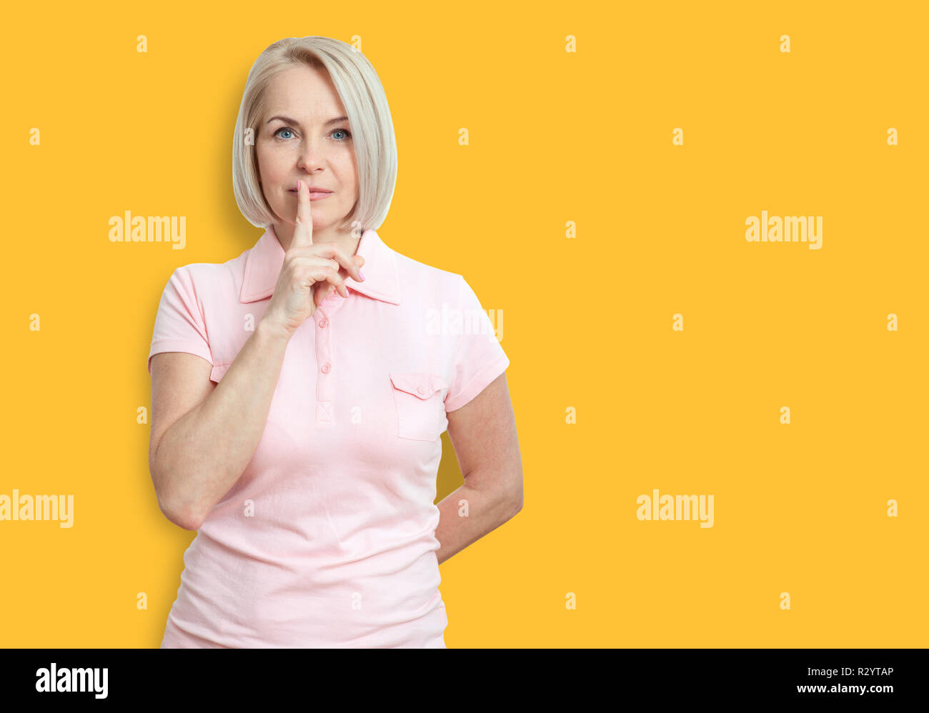 Portrait beautiful woman with finger on lips, or secret gesture hand ...
