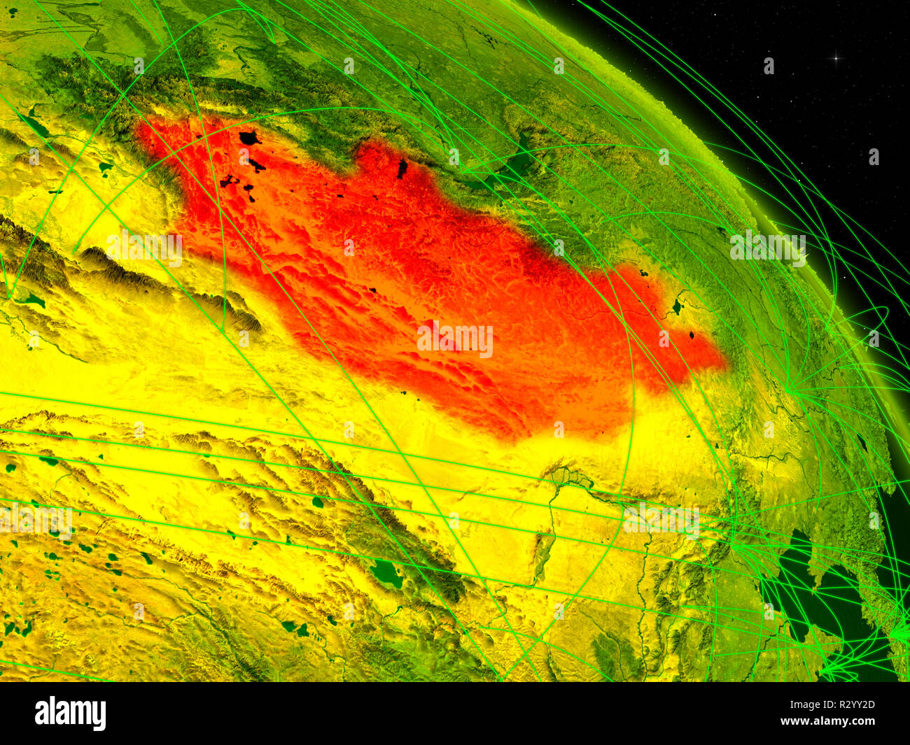 Mongolia from space on model of digital planet Earth with network ...
