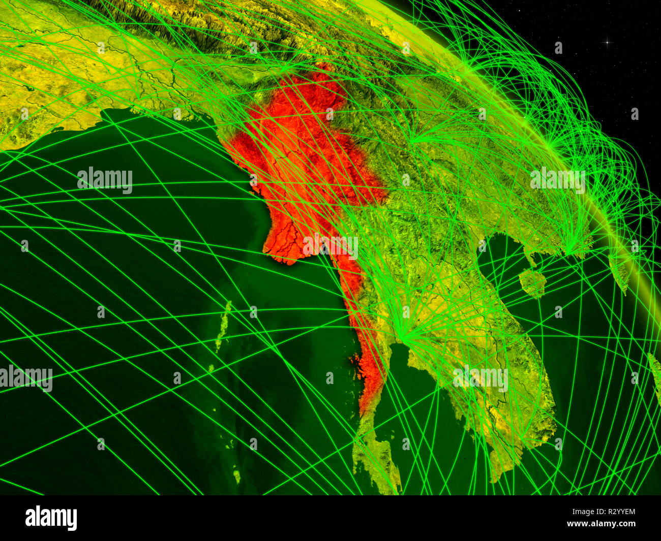 Myanmar from space on model of digital planet Earth with network ...