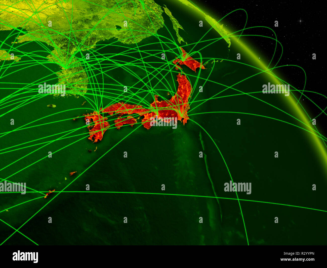 Japan from space on model of digital planet Earth with network. Concept ...