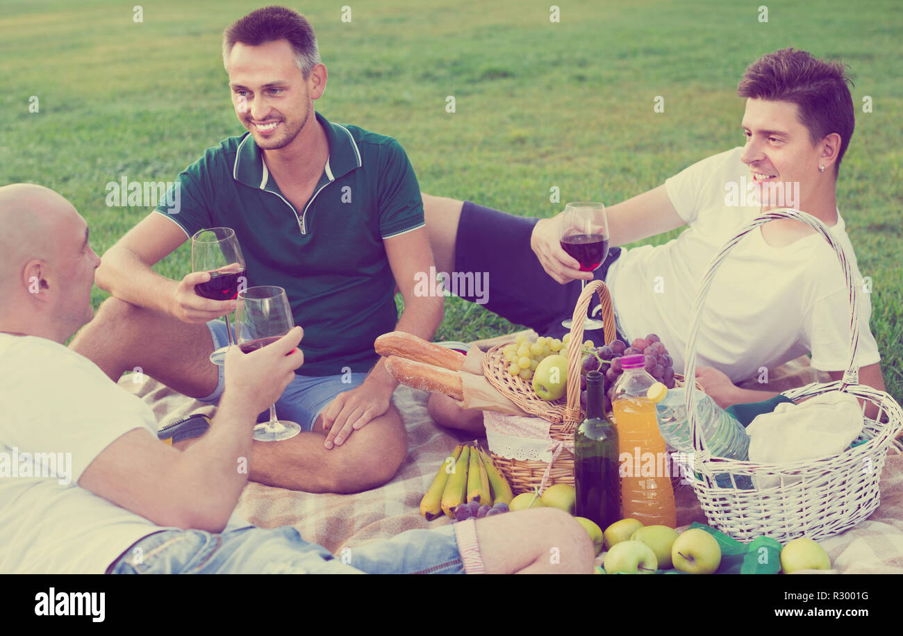 Three happy men friends having fun on picnic outdoors together Stock ...