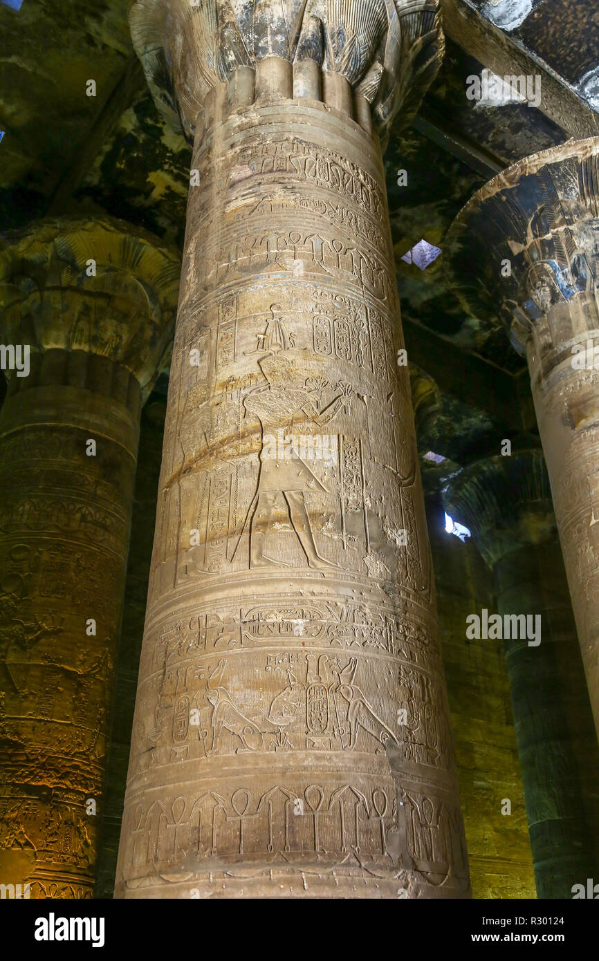 Columns and blackened ceiling at the Temple of Edfu, an Egyptian temple ...