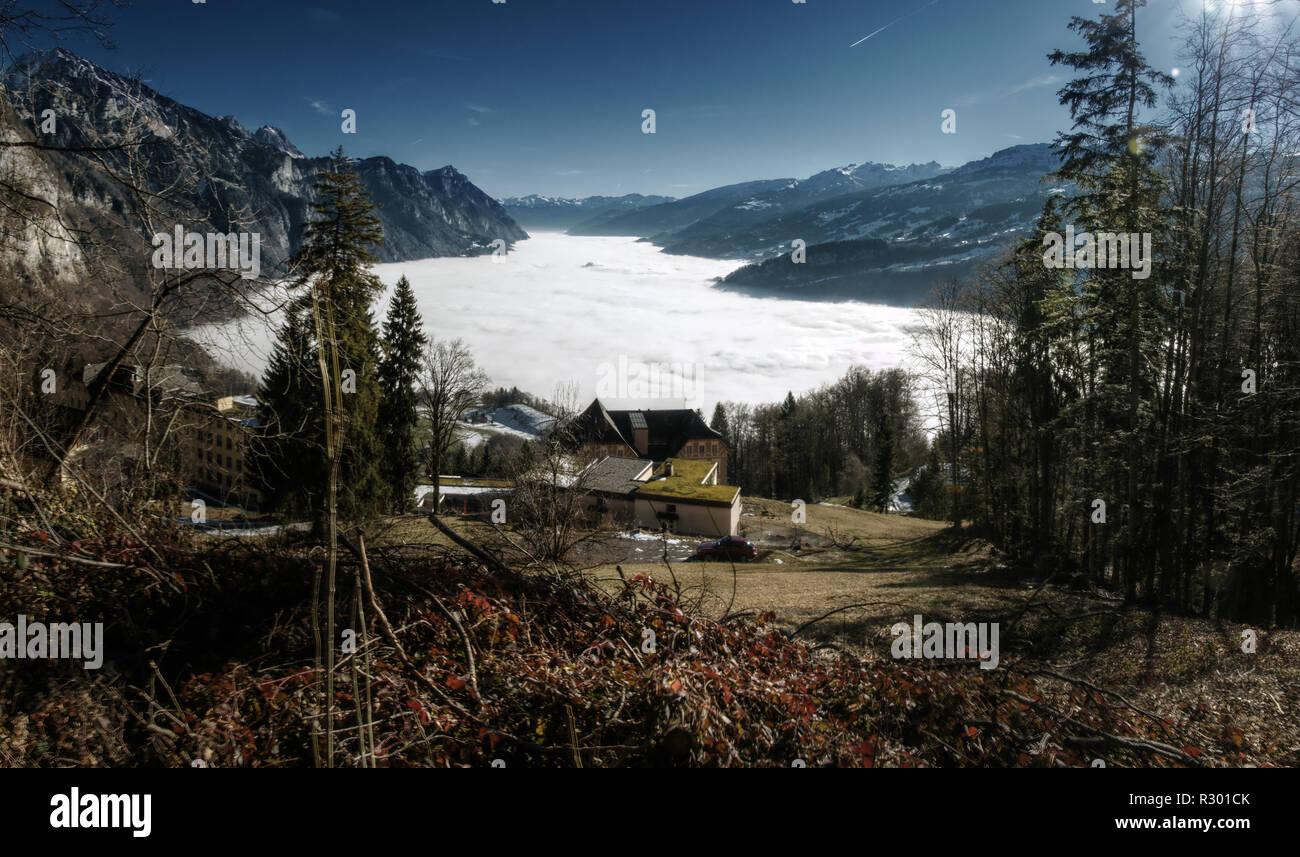 Cloud trapped under inversion, valley of Flums and Walenstadt, Swiss ...