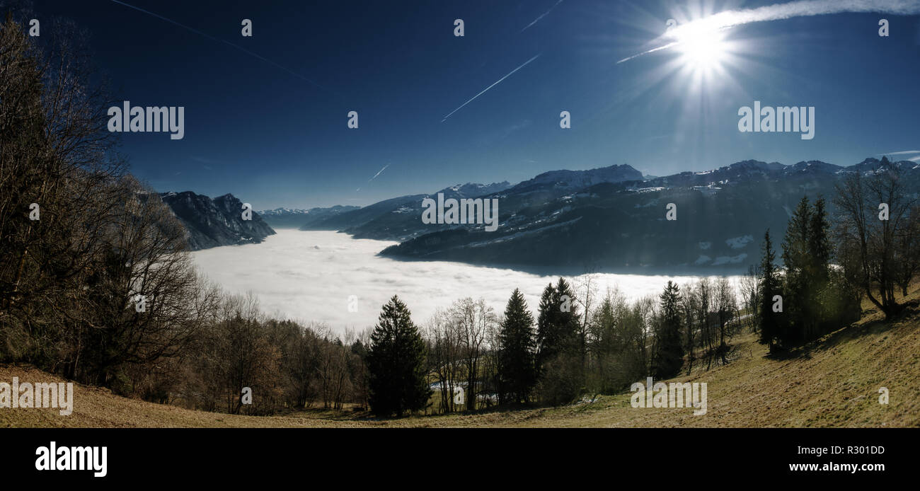 Cloud trapped under inversion, valley of Flums and Walenstadt, Swiss ...