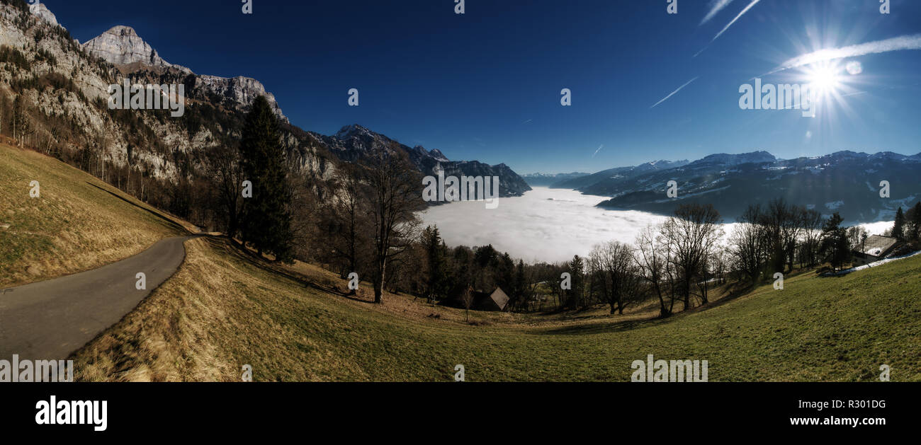 Cloud trapped under inversion, valley of Flums and Walenstadt, Swiss ...