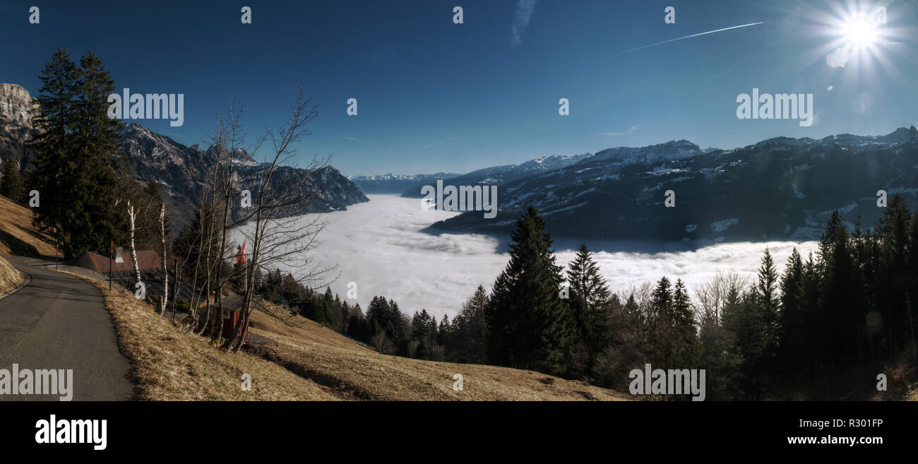 Cloud trapped under inversion, valley of Flums and Walenstadt, Swiss ...