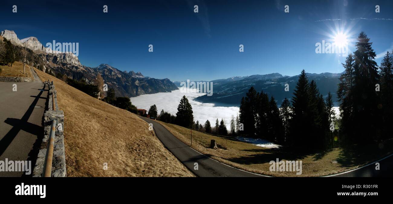 Cloud trapped under inversion, valley of Flums and Walenstadt, Swiss ...
