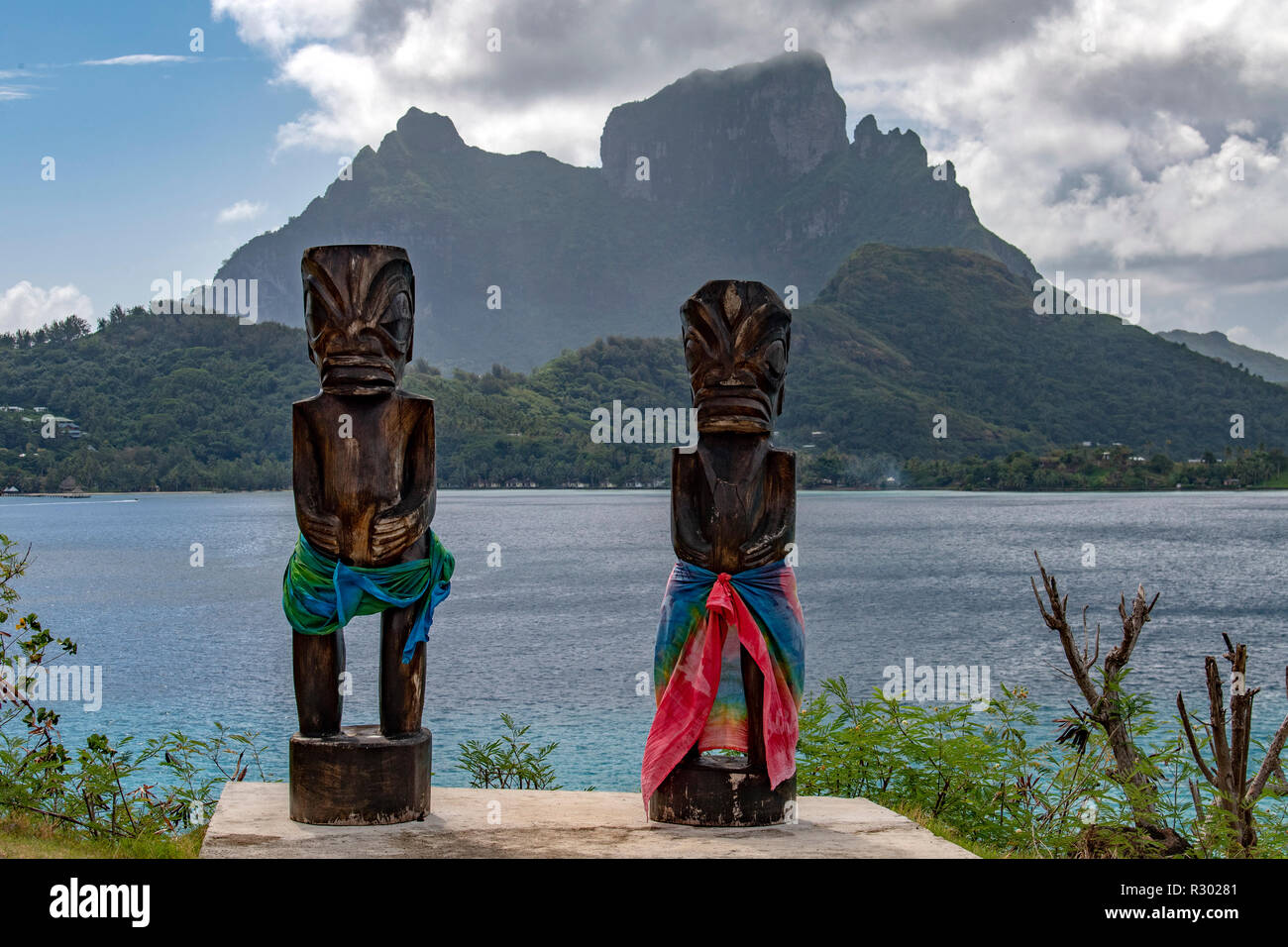 tiki statue in bora bora island in french polynesia landscape panorama ...