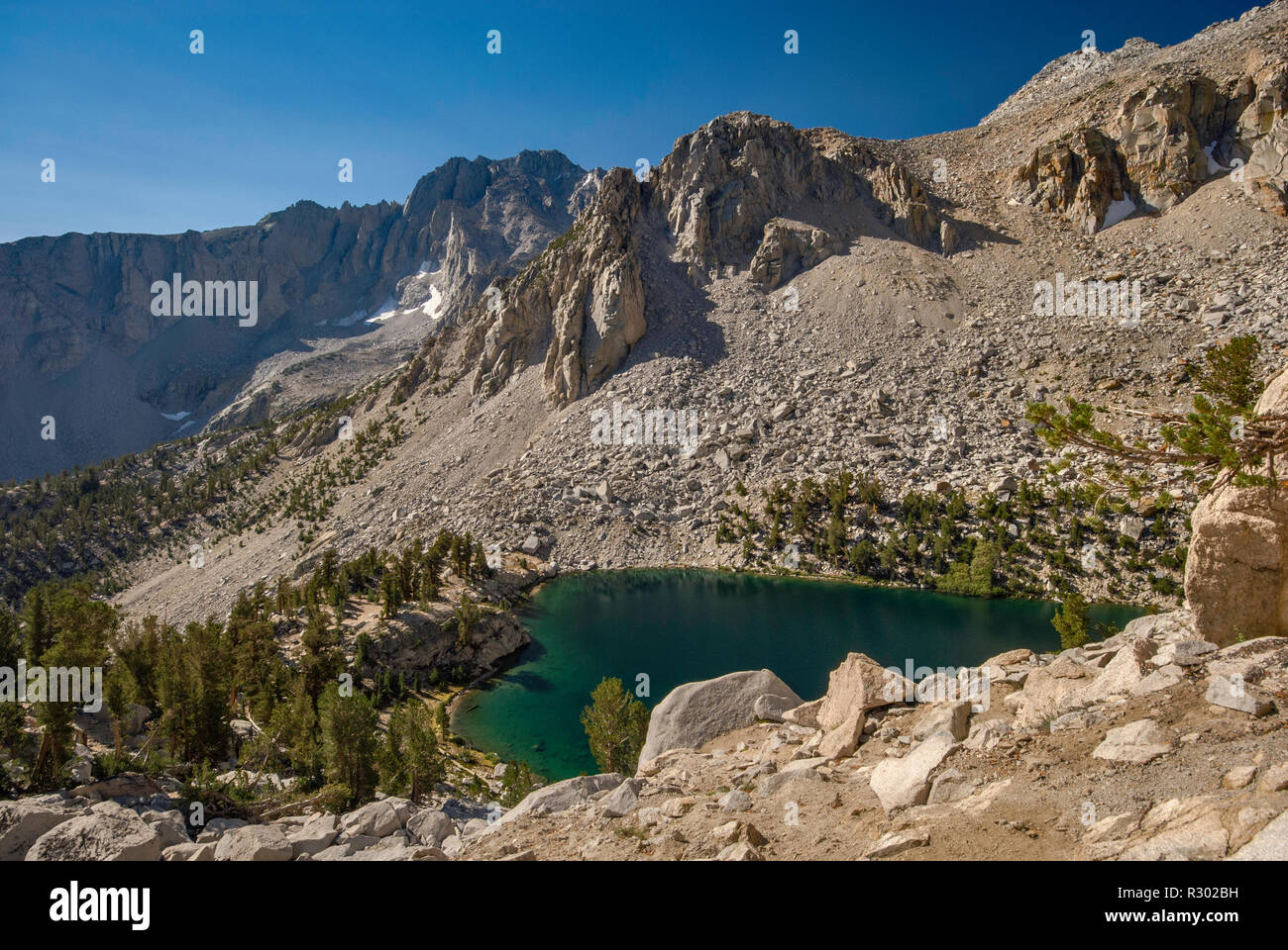 University Peak, scree slope over Heart Lake from Kearsarge Pass Trail ...