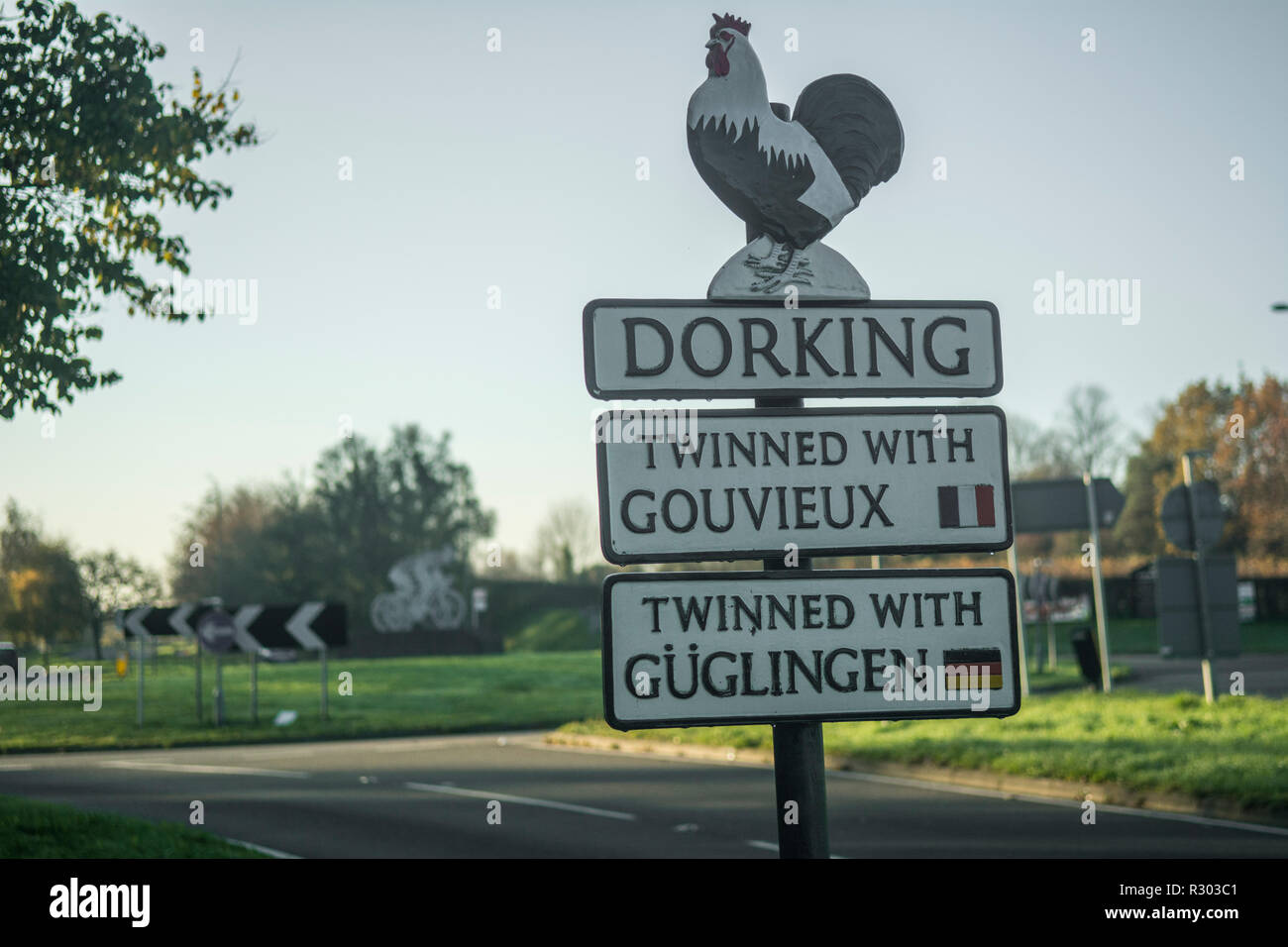 Dorking Road sign, a market town in the Surrey Hills, UK Stock Photo ...