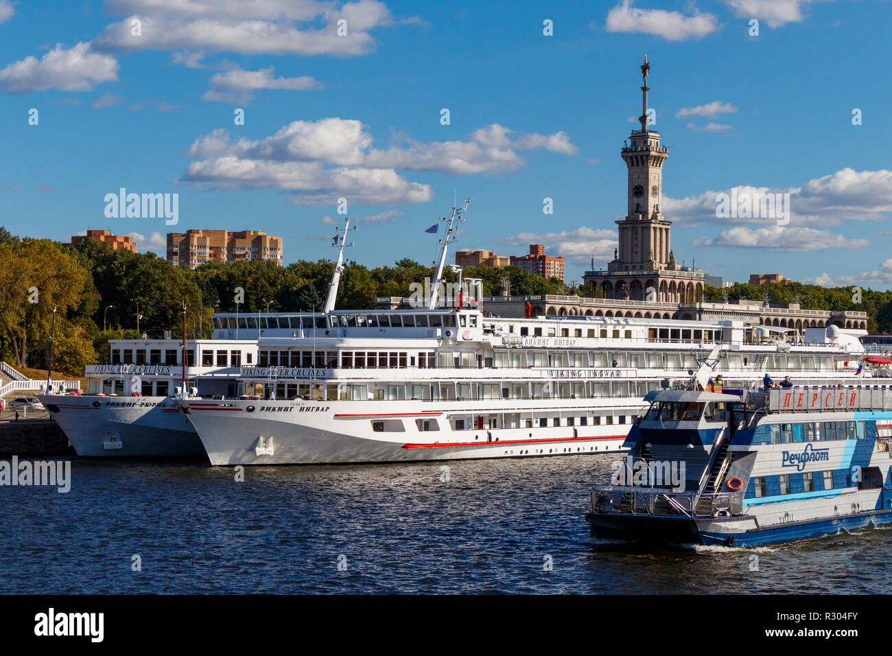 River cruise ships at the North River Terminal mooring docks on the ...