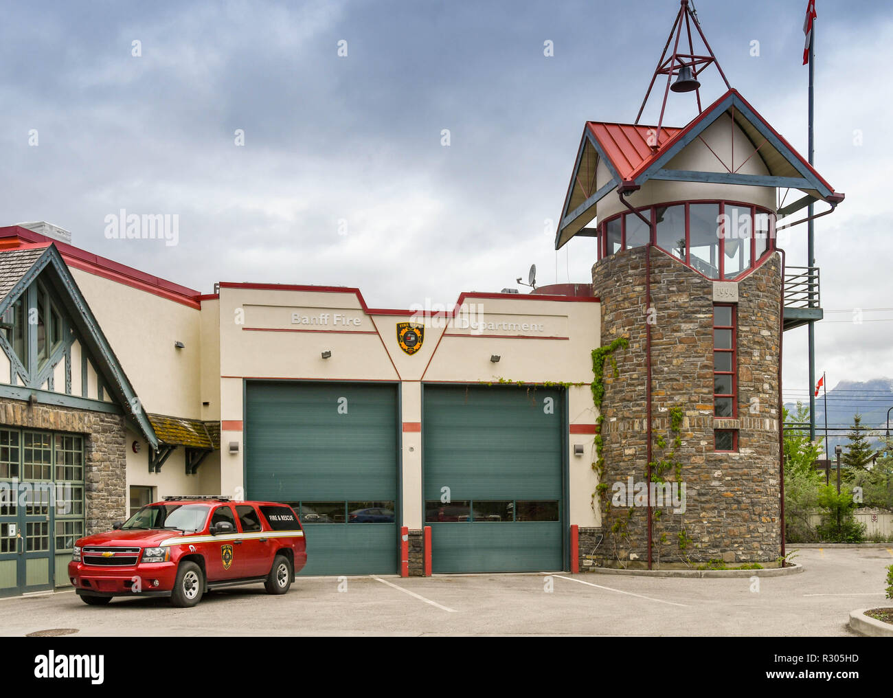 BANFF, AB, CANADA - JUNE 2018: Fire Department station building in ...