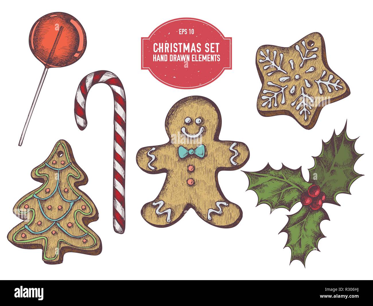 Vector collection of hand drawn colored gingerbread men, gingerbread ...
