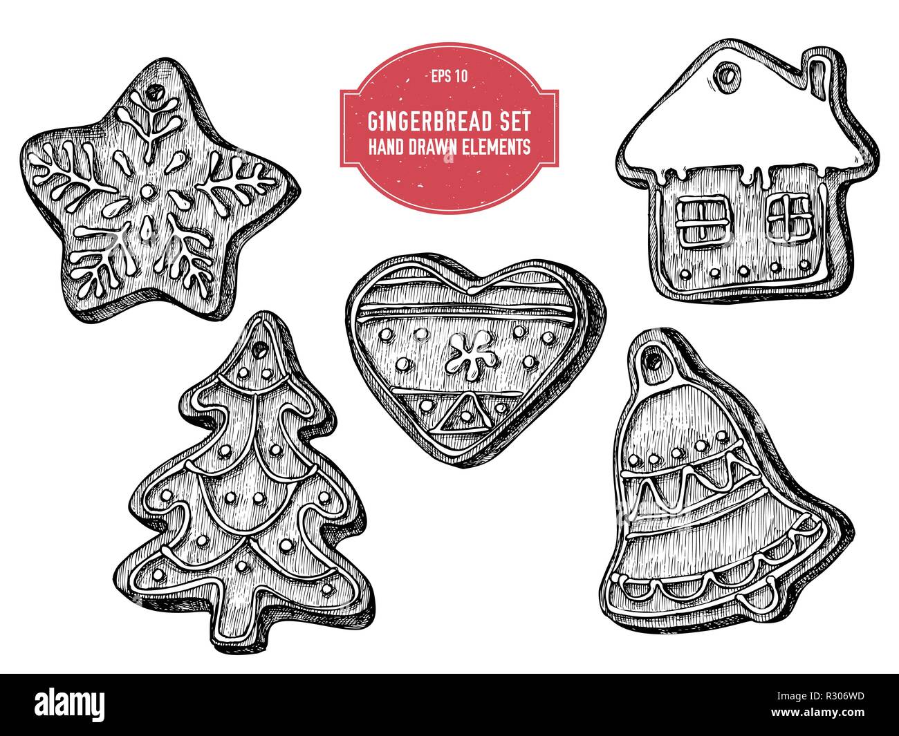 Vector collection of hand drawn black and white gingerbread Stock ...