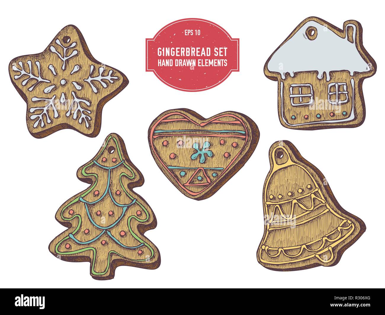 Vector collection of hand drawn colored gingerbread Stock Vector Image ...
