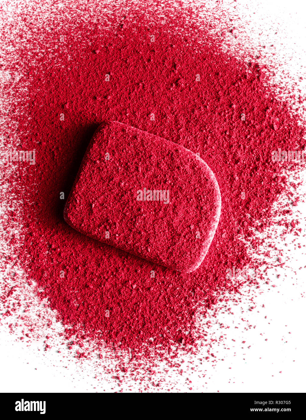 Cosmetic sponge dusted with red blusher. Isolated on white background ...