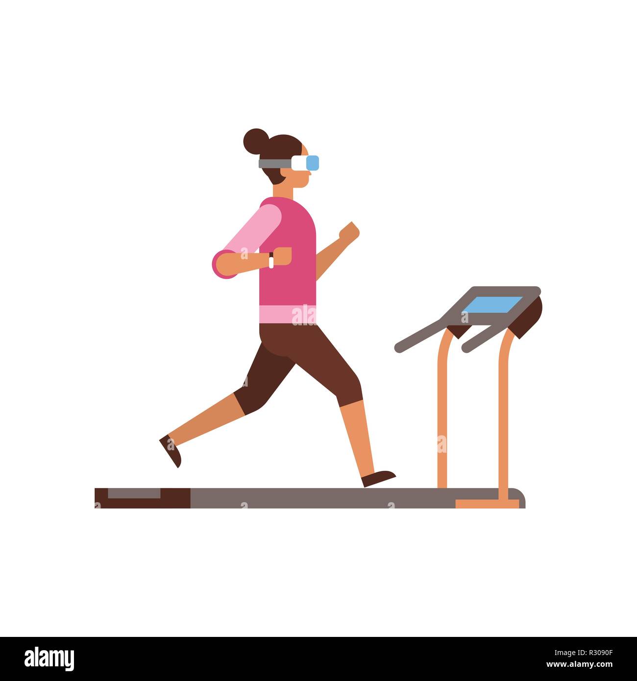 sport woman wear vr glasses running on treadmill girl cardio training ...