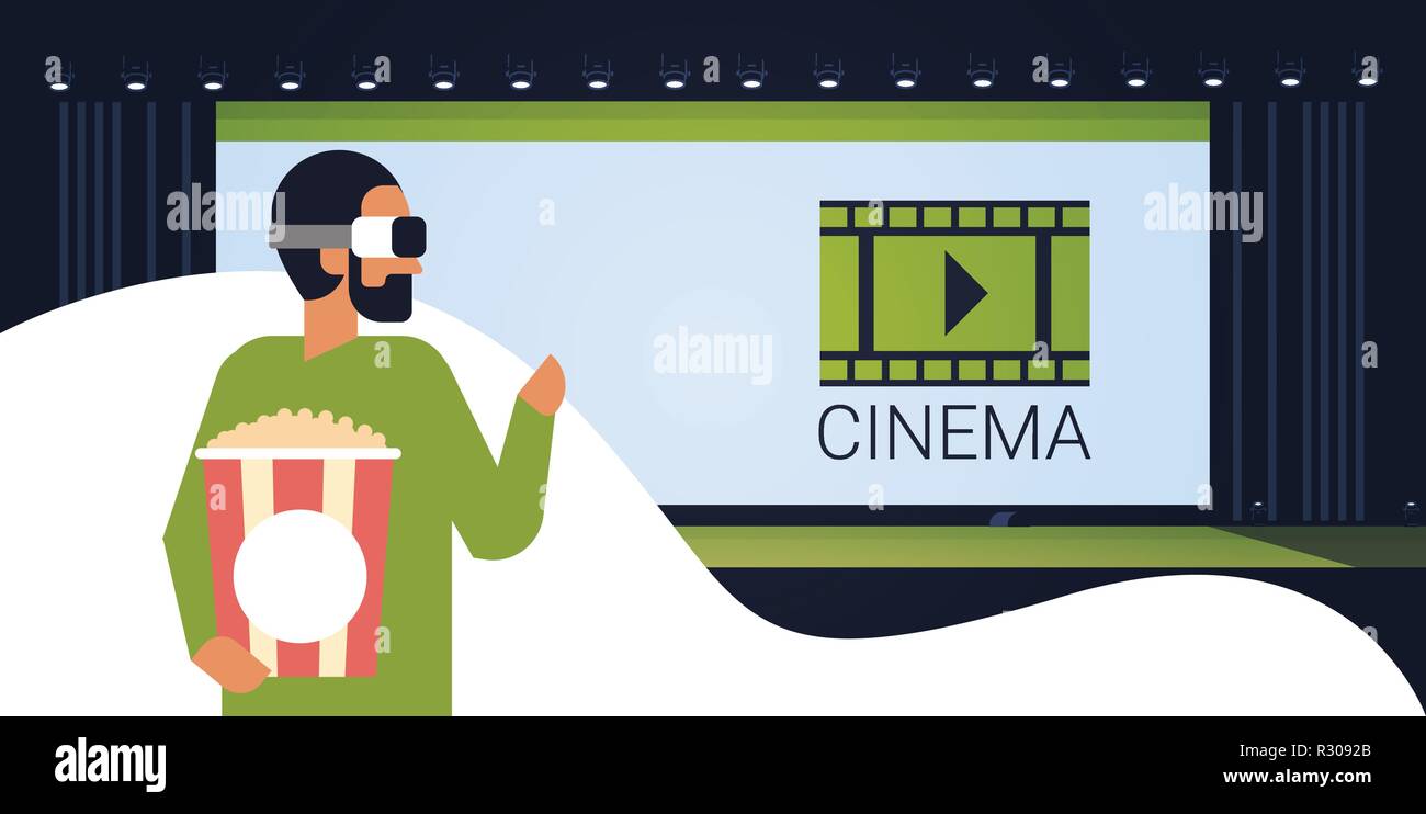 man holding popcorn basket wearing vr glasses watching movie in cinema ...