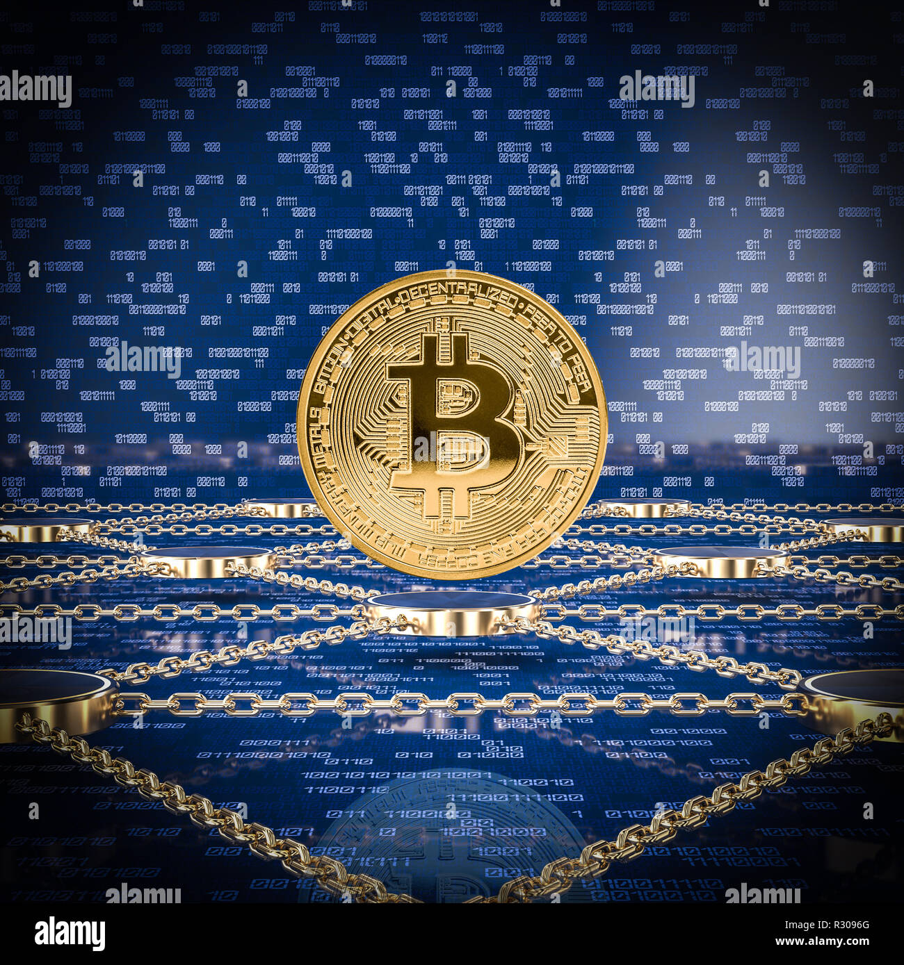 real metal bitcoin coin and blockchain background concept 3d rendering ...