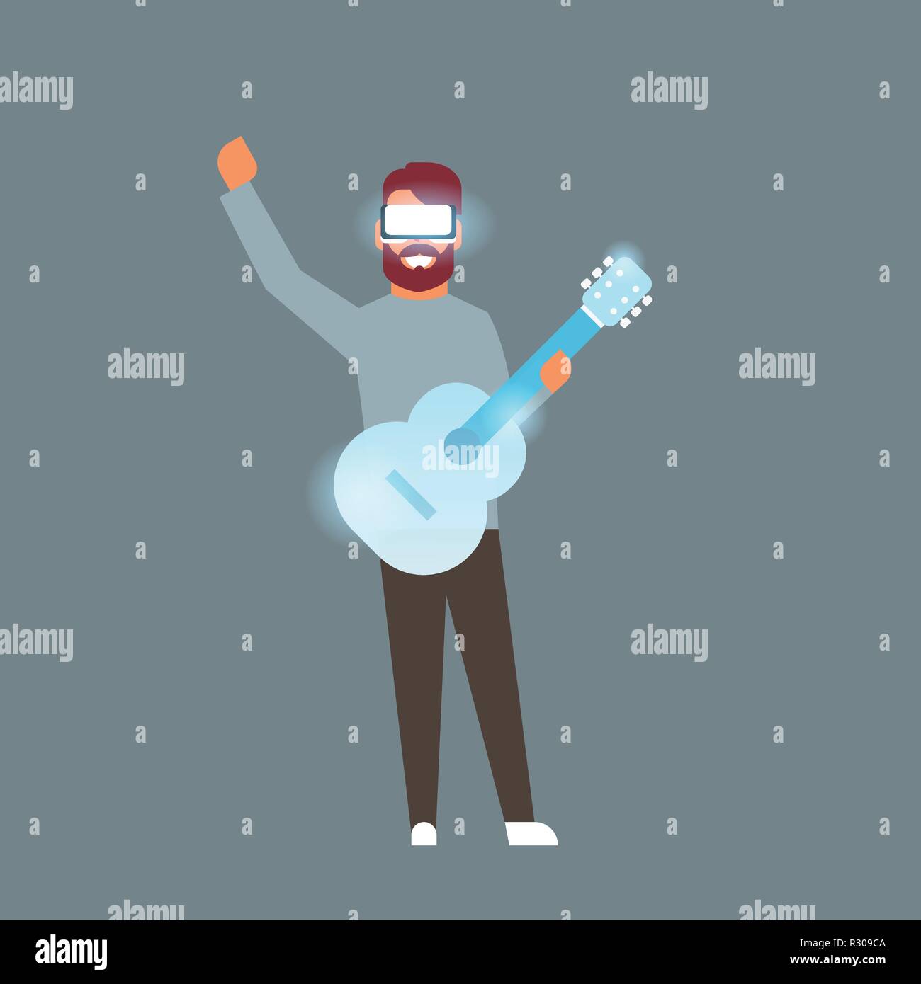 man music guitarist wear digital glasses playing virtual reality ...